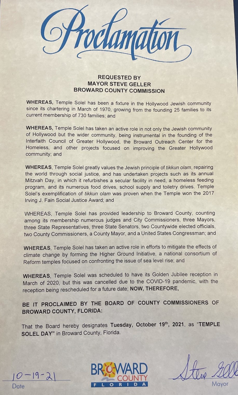 Temple Solel receives Broward County Proclamation – Temple Solel
